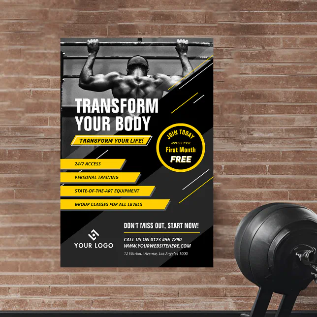Gym Photo Black & Yellow Logo Workout Marketing Poster | Zazzle