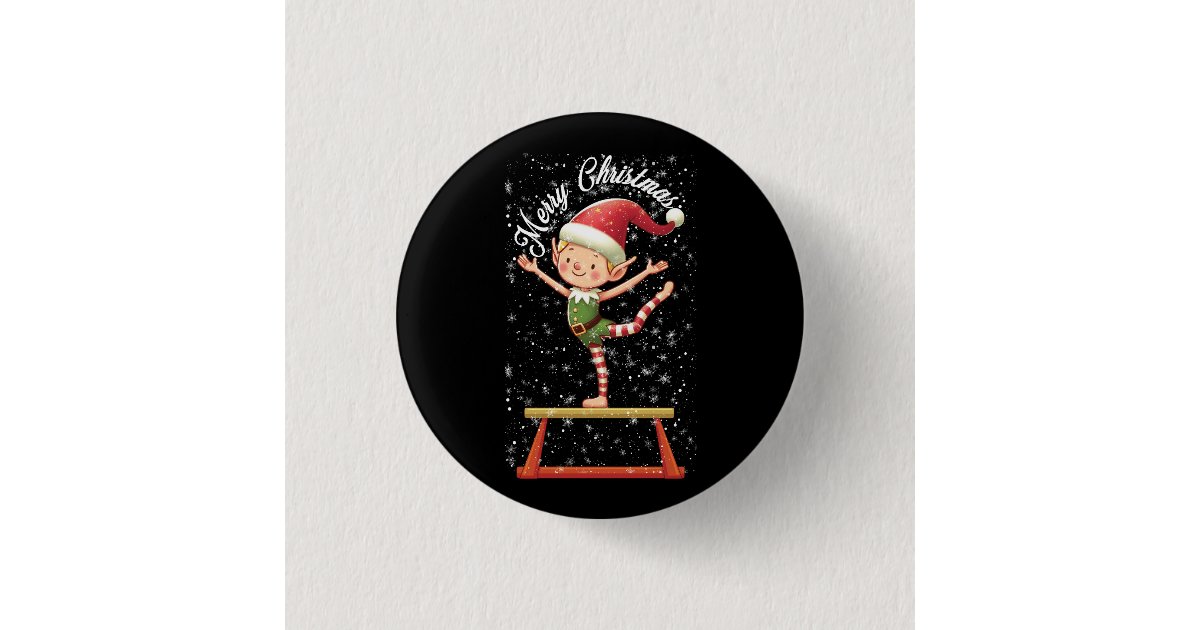 Gymnast Elf on Balance Beam Xmas Gymnastics Chri Button | Zazzle