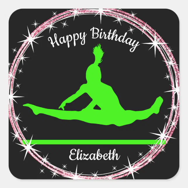 Gymnastics Bars Birthday in Lime Green and Black Square Sticker | Zazzle