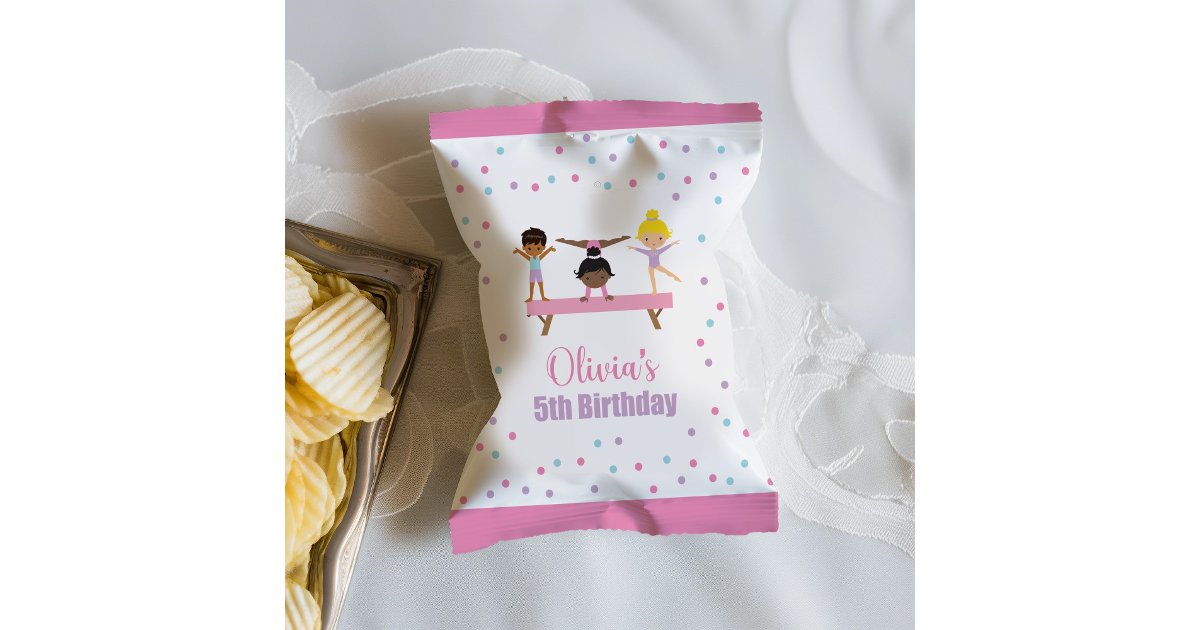 Gymnastics birthday chip bag wrapper | Zazzle