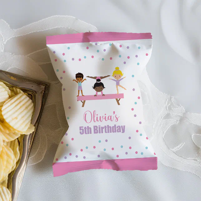 Gymnastics birthday chip bag wrapper | Zazzle