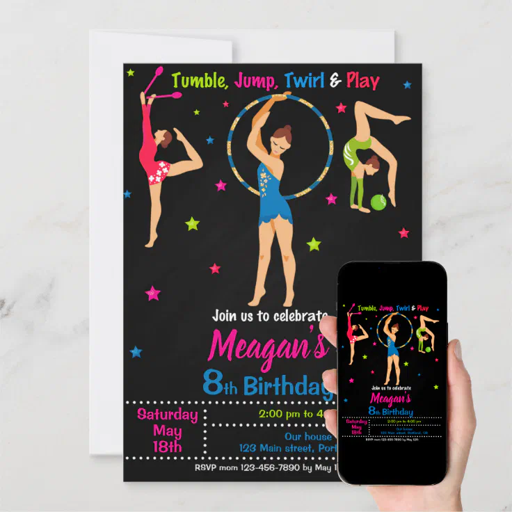Gymnastics birthday invitation Girl tumbling party | Zazzle