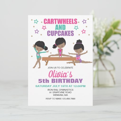 Gymnastics Cartwheels and Cupcakes Birthday Invita Invitation | Zazzle