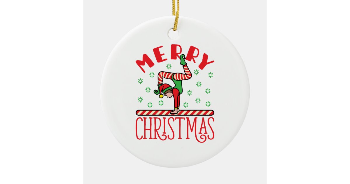 Gymnastics Christmas Elf on Beam Ceramic Ornament | Zazzle