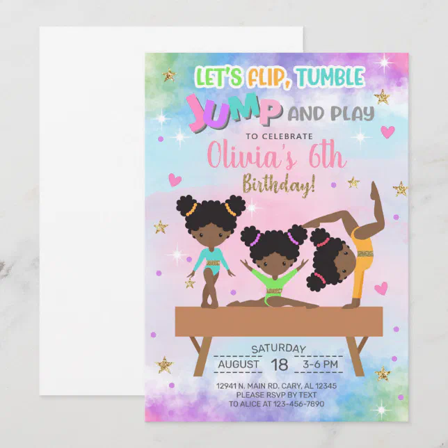 Gymnastics flip tumble jump & play girl birthday. invitation | Zazzle