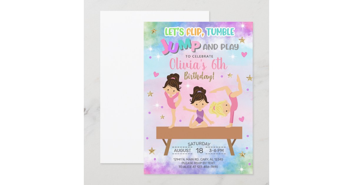 Gymnastics flip tumble jump & play girl birthday. invitation | Zazzle