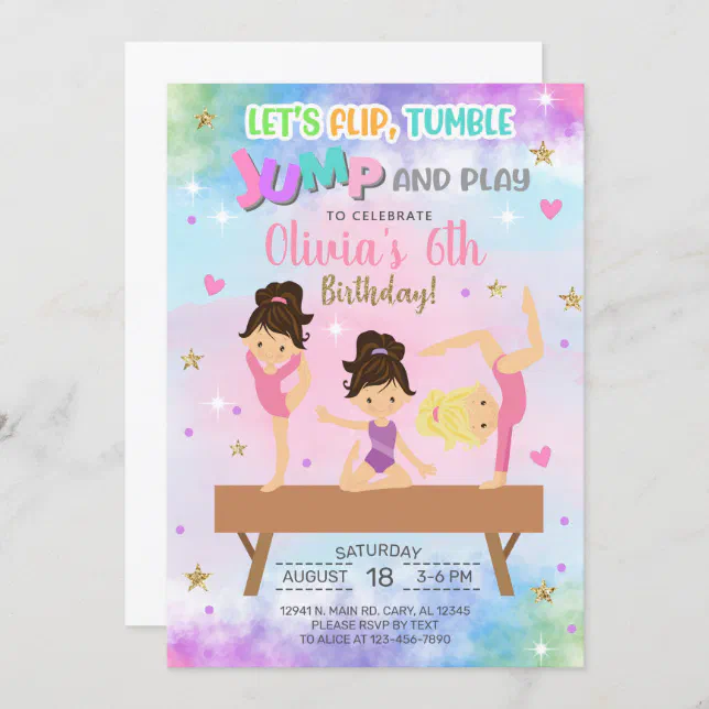 Gymnastics flip tumble jump & play girl birthday. invitation | Zazzle