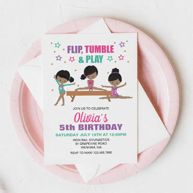 Gymnastics Flip Tumble & Play Birthday Invitation | Zazzle