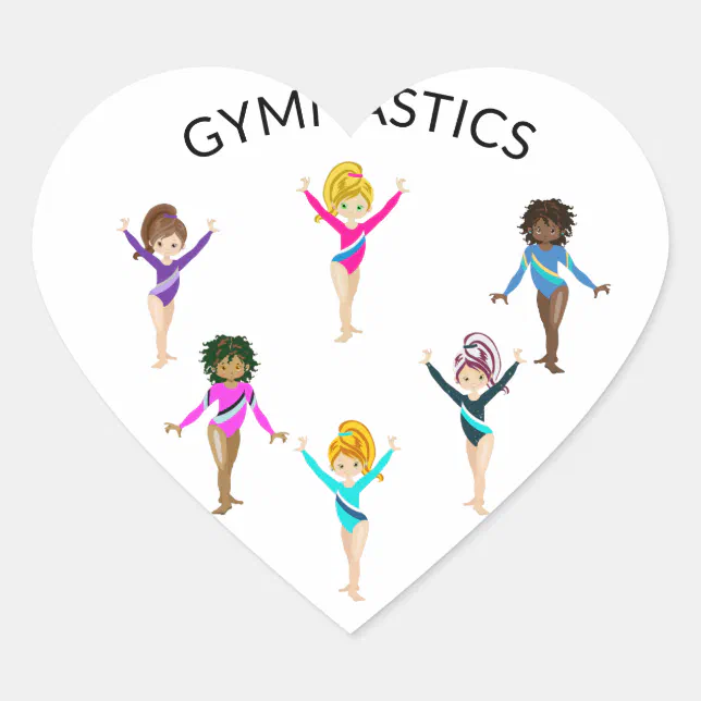 Gymnastics girl's heart stickers with 6 gymnast | Zazzle
