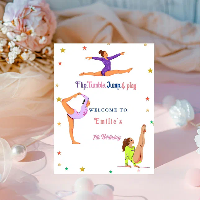 Gymnastics jump Cartwheels girl birth Welcome sign | Zazzle