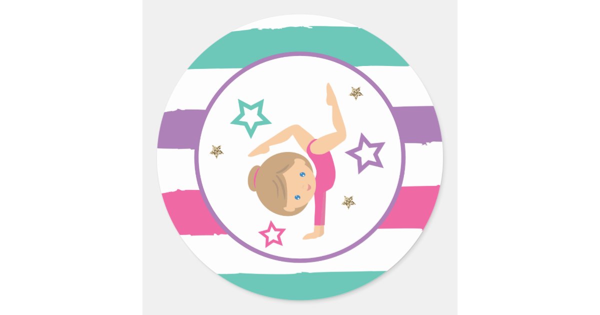 Gymnastics Pink Purple Turquoise Girl Birthday Cla Classic Round ...