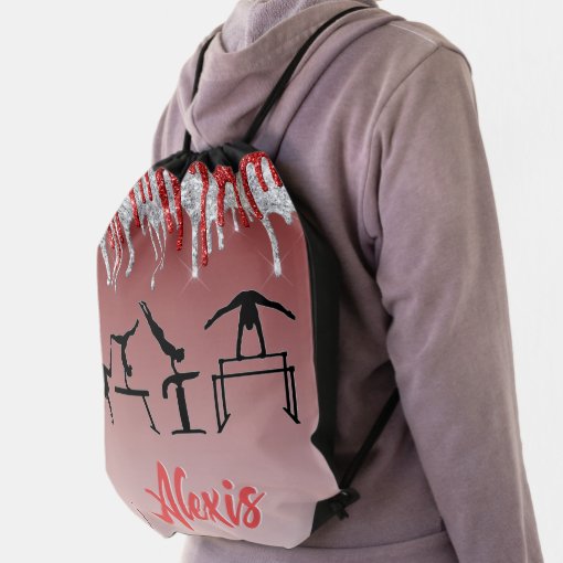 Gymnastics Red and Silver Glitter Drip Ombre Drawstring Bag | Zazzle