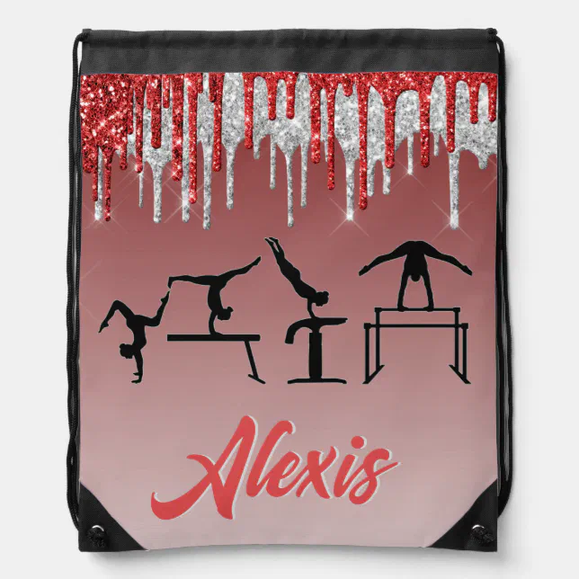 Gymnastics Red and Silver Glitter Drip Ombre Drawstring Bag | Zazzle
