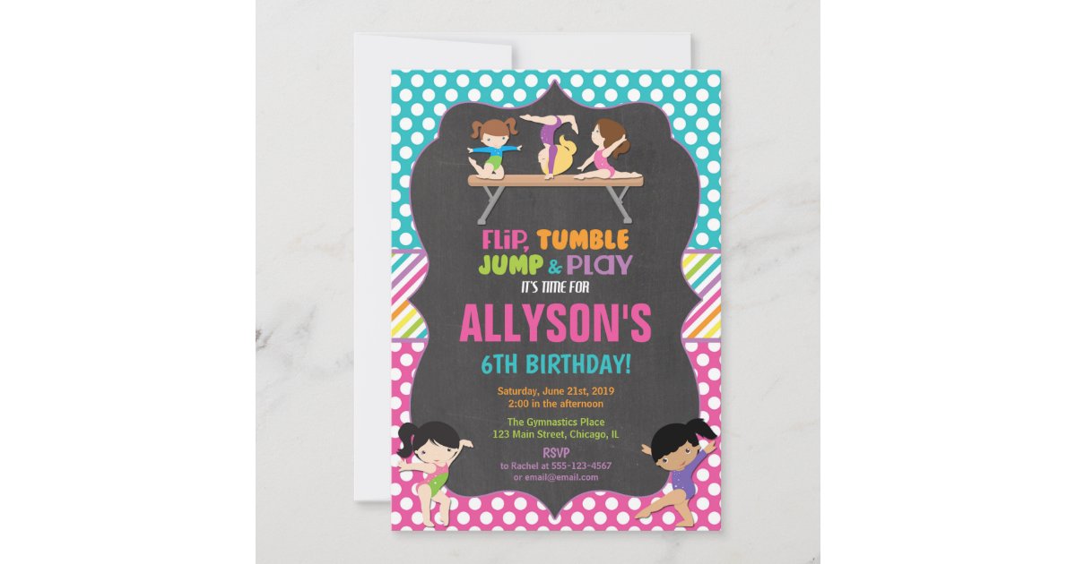 Gymnastics tumbling party birthday party girl invitation | Zazzle