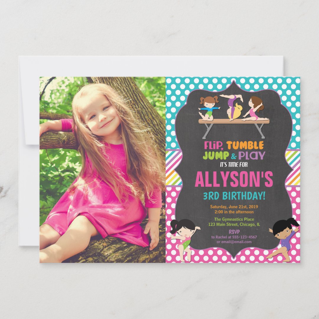 Gymnastics tumbling party birthday party photo invitation | Zazzle