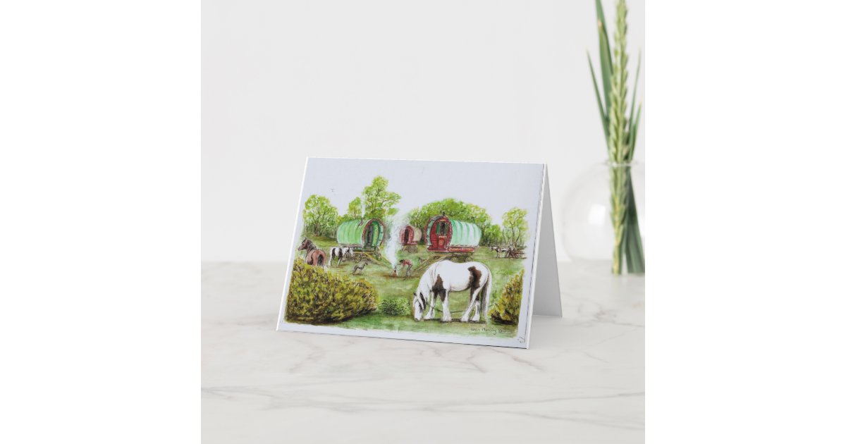 Gypsy camp fire, bowtop wagons and horses card | Zazzle