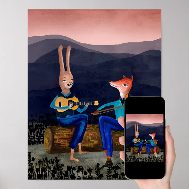 Gypsy Jazz - Rabbit and Fox Playing Music Poster | Zazzle