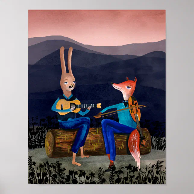 Gypsy Jazz - Rabbit and Fox Playing Music Poster | Zazzle