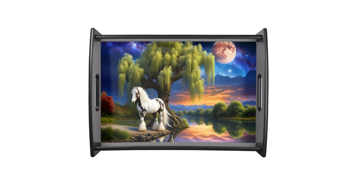 Gypsy Vanner Horse -Willow tree N Full Moon Serving Tray | Zazzle
