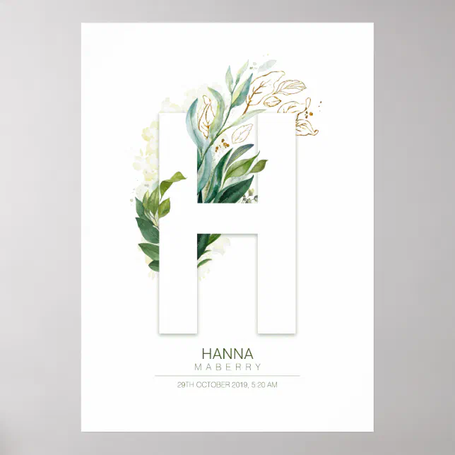 H Letter Monogram Gold Greenery Foliage Chic Poster | Zazzle