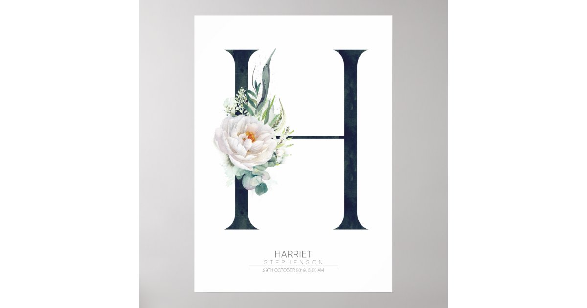 H Letter Monogram White Flowers and Greenery Poster | Zazzle