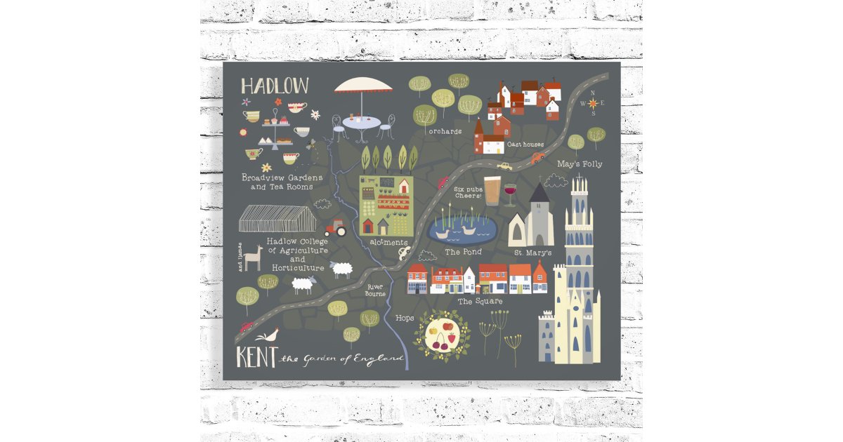 Hadlow, Kent Illustrated English Village Map Photo Print | Zazzle
