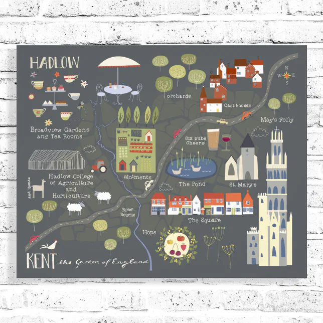Hadlow, Kent Illustrated English Village Map Photo Print | Zazzle