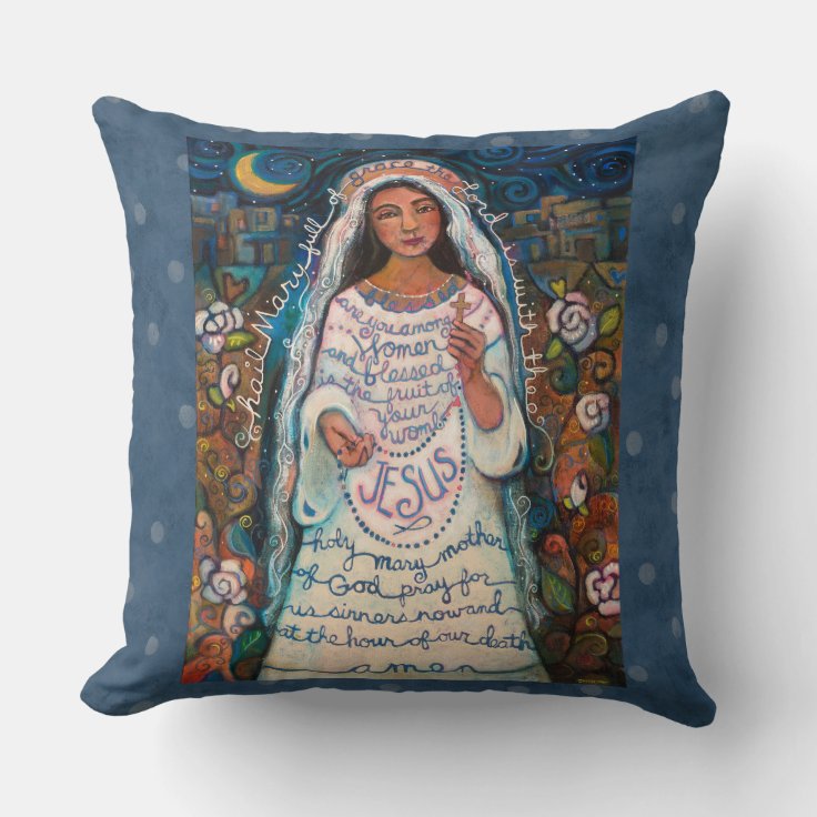 Hail Mary Prayer Pillow with Blue Polka Dots | Zazzle