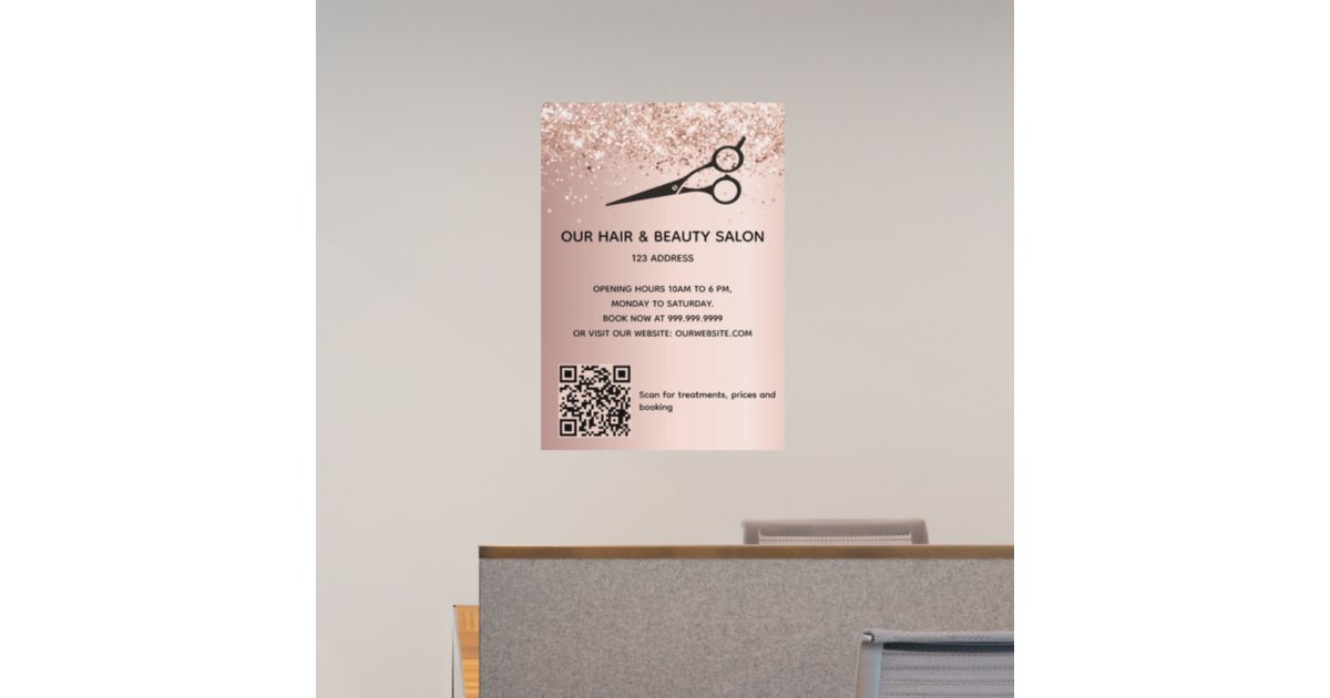 Hair beauty salon rose gold glitter QR code Wall Decal | Zazzle