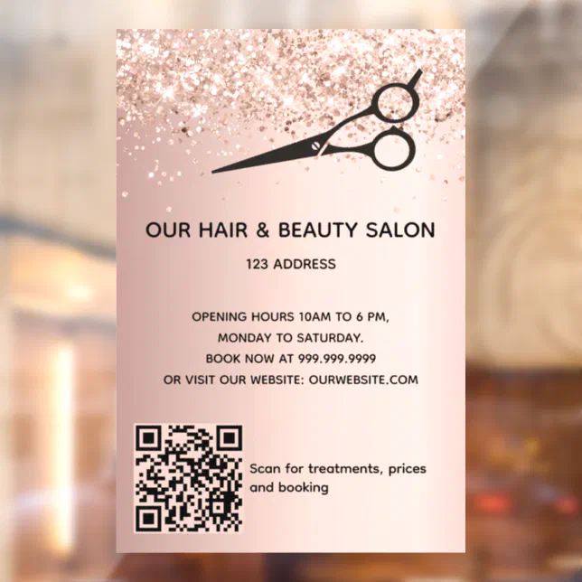 Hair beauty salon rose gold glitter QR code Window Cling | Zazzle
