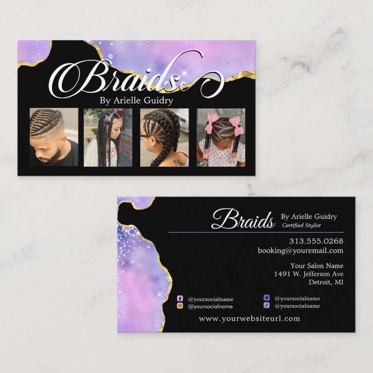 Hair Braiding Braid Purple Pink Gold Photo Business Card | Zazzle