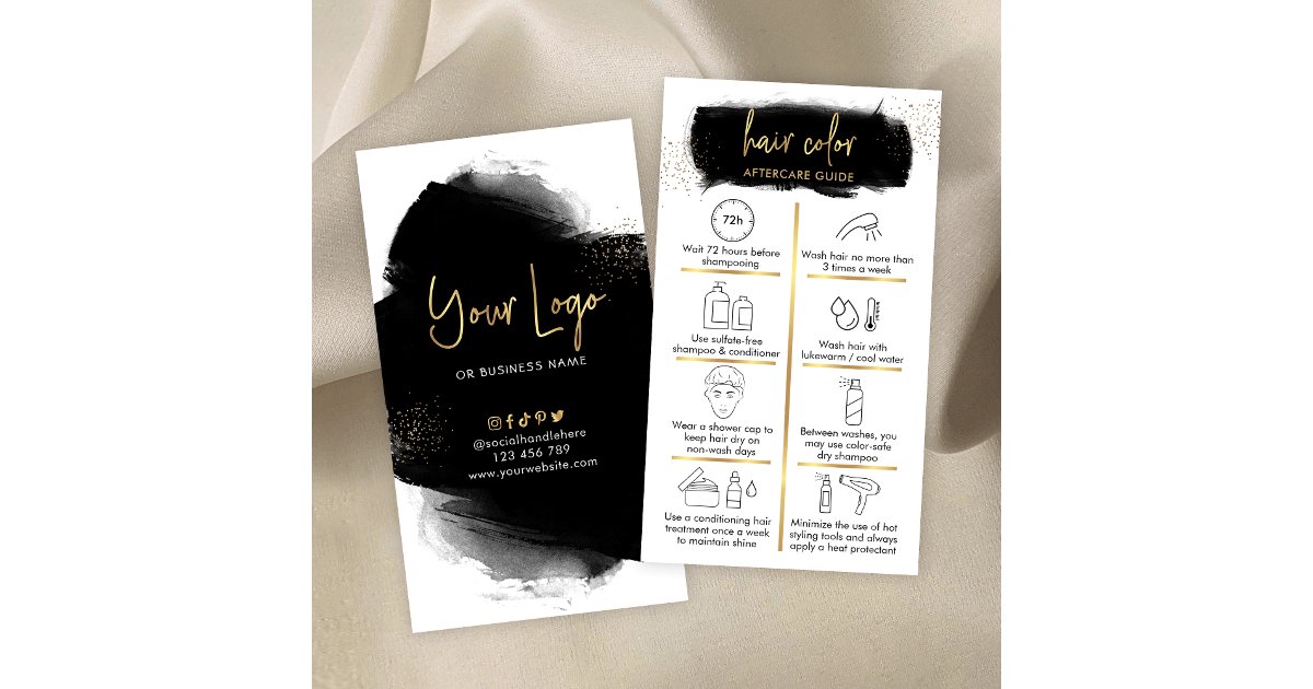 Hair Color Aftercare Guide Black & Gold Salon Logo Business Card | Zazzle