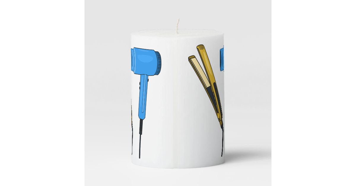Hair dryer & hair straightener illustration pillar candle | Zazzle