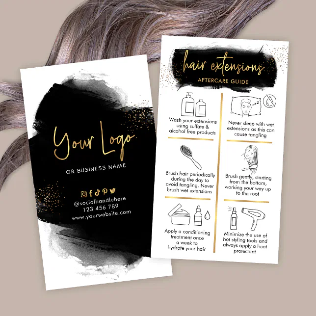 Hair Extensions Aftercare Black & Gold Hairstylist Business Card | Zazzle