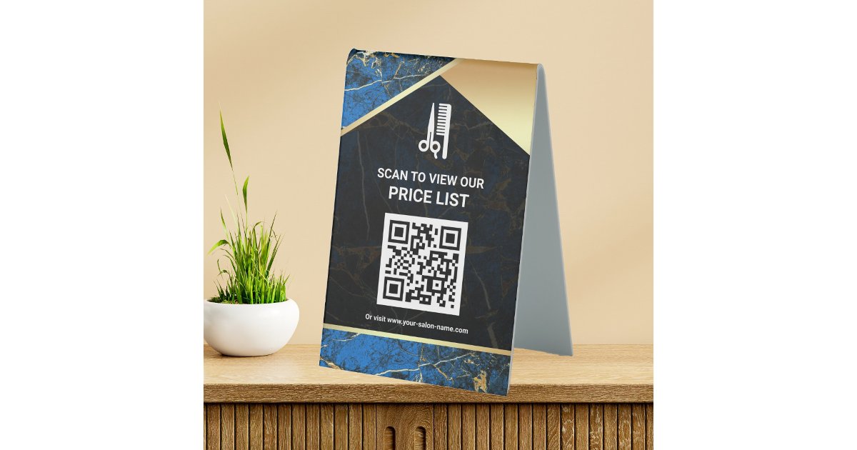 Hair Makeup Salon QR Code Price List Blue Marble Table Tent | Zazzle