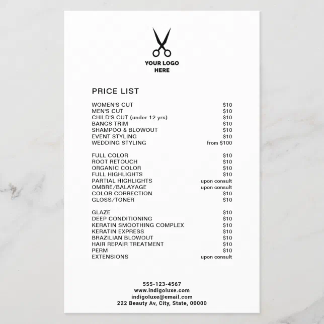 Hair Salon Add Your Logo Service Menu Price List Flyer | Zazzle