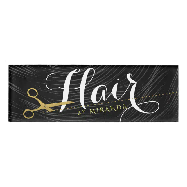 Hair Salon Hairstylist Modern Black Gold Scissors Name Tag | Zazzle