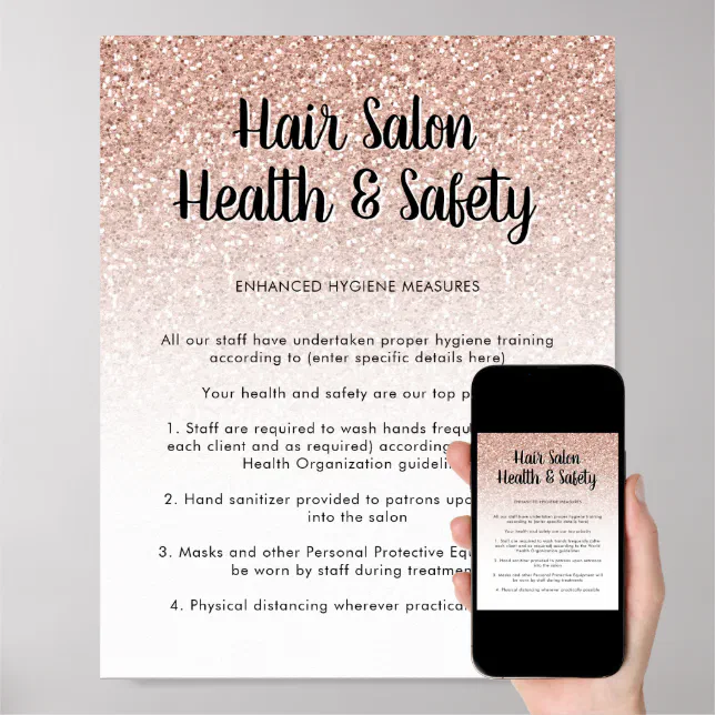 Hair Salon Health Safety Poster Pink Peach Glitter | Zazzle