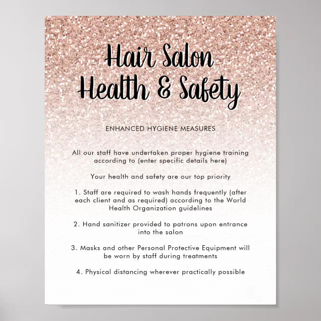 Hair Salon Health Safety Poster Pink Peach Glitter | Zazzle
