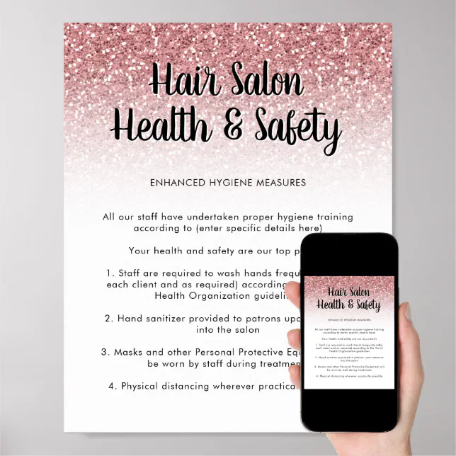 Hair Salon Health Safety Poster Rose Gold Glitter | Zazzle