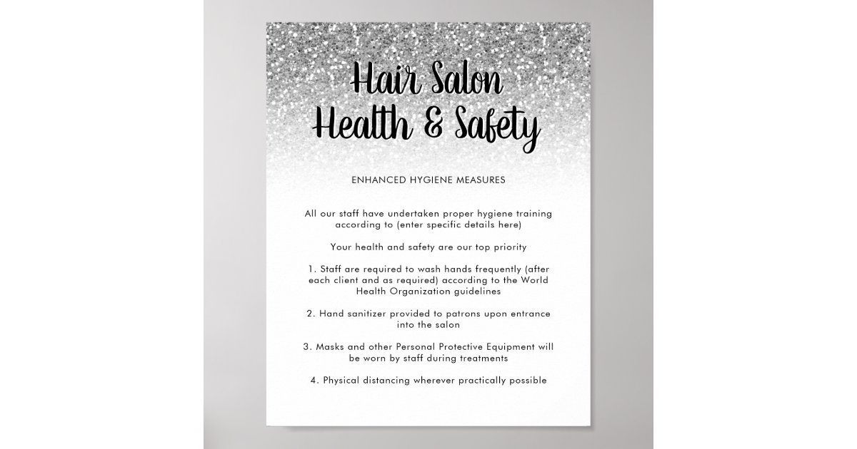 Hair Salon Health Safety Poster Silver Glitter | Zazzle