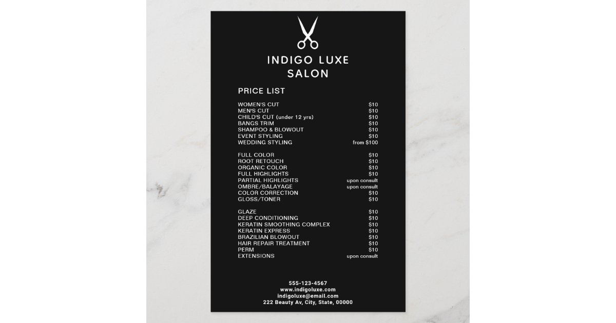 Hair Salon Scissors Black Service Menu Price List Flyer | Zazzle