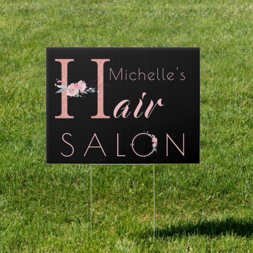 Hair salon stylist name floral glitter pink black sign | Zazzle
