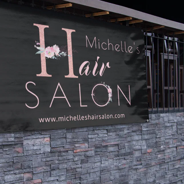 Hair salon stylist name pink floral glitter black banner | Zazzle