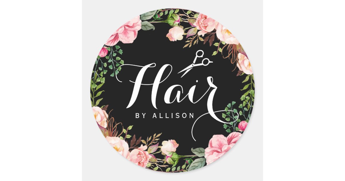Hair Salon Stylist Typography Floral Wrapping Classic Round Sticker ...
