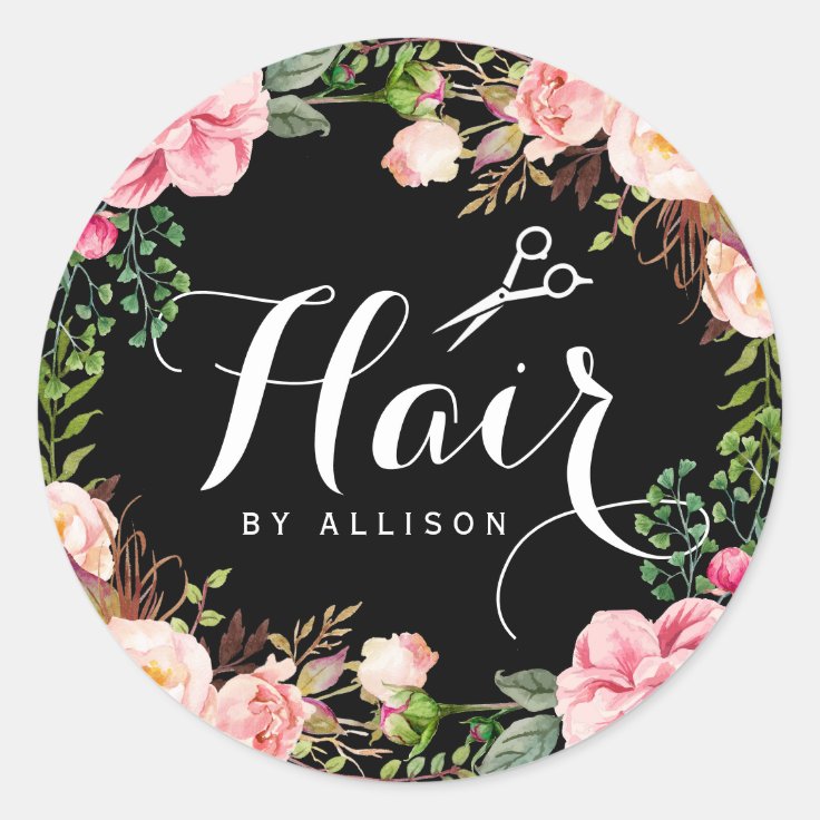 Hair Salon Stylist Typography Floral Wrapping Classic Round Sticker ...