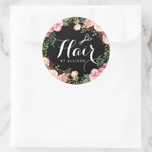 Hair Salon Stylist Typography Floral Wrapping Classic Round Sticker ...