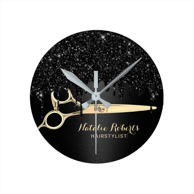 Hair Stylist Black Glitter Drips Beauty Salon Round Clock | Zazzle
