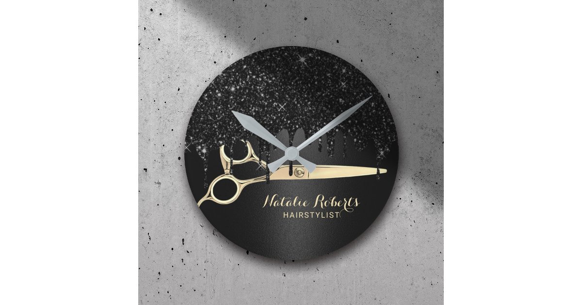 Hair Stylist Black Glitter Drips Beauty Salon Round Clock | Zazzle