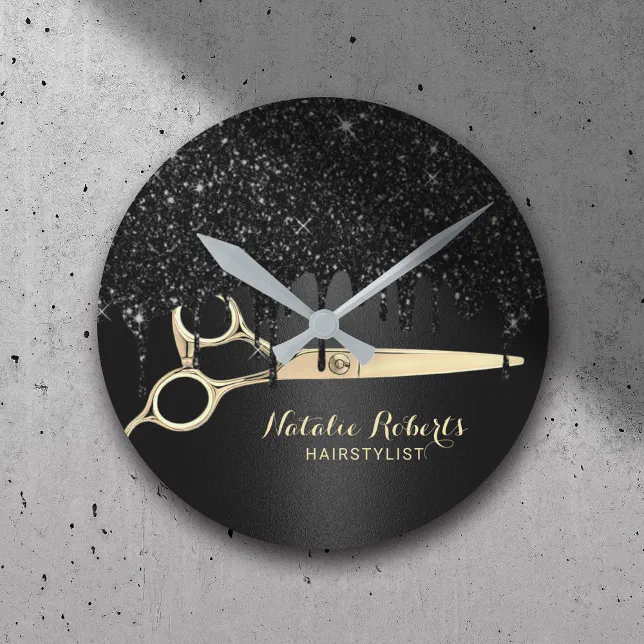 Hair Stylist Black Glitter Drips Beauty Salon Round Clock | Zazzle